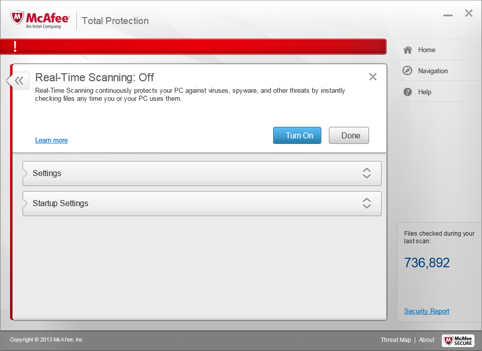 Turning McAfee Total Protection Real time Protection Off