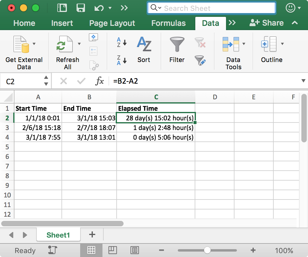 Determining The The Elapsed Time Between Two Timestamps In Excel